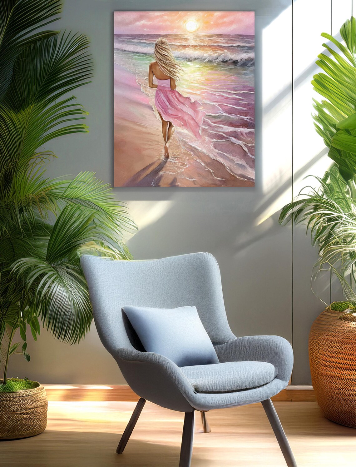 Sunset Beach Woman Art Print: Flowing Pink Dress, Ocean Waves - Etsy