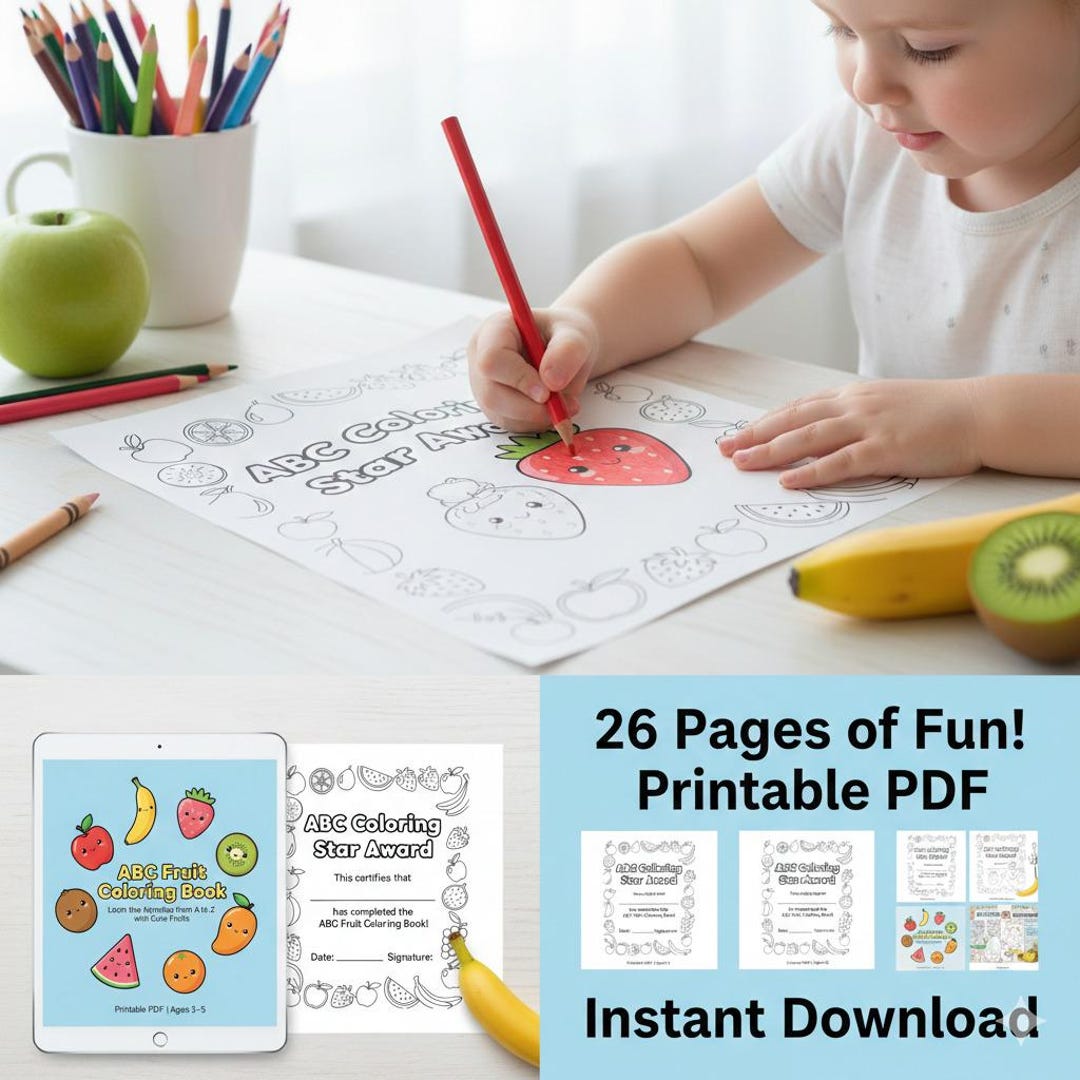 Printable Fruit Alphabet Coloring Book, Toddler ABC Activity Pages (PDF ...