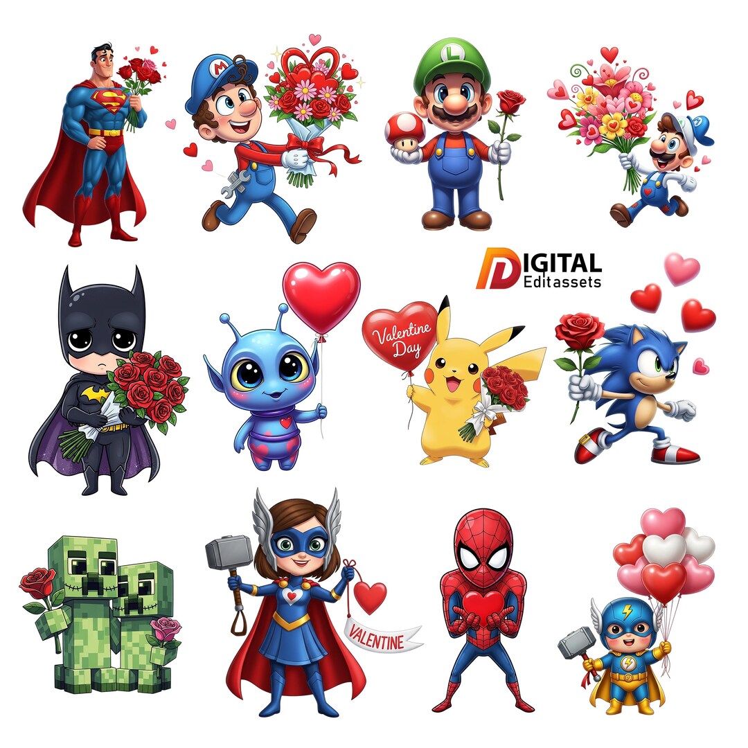 Valentine Superhero Clipart Bundle PNG | Kids Valentine | Cartoon Hero ...