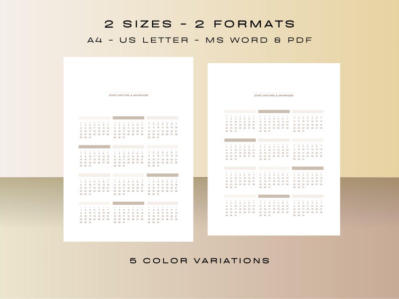Printable Undated Yearly Calendar Template With Flexible Start Any ...