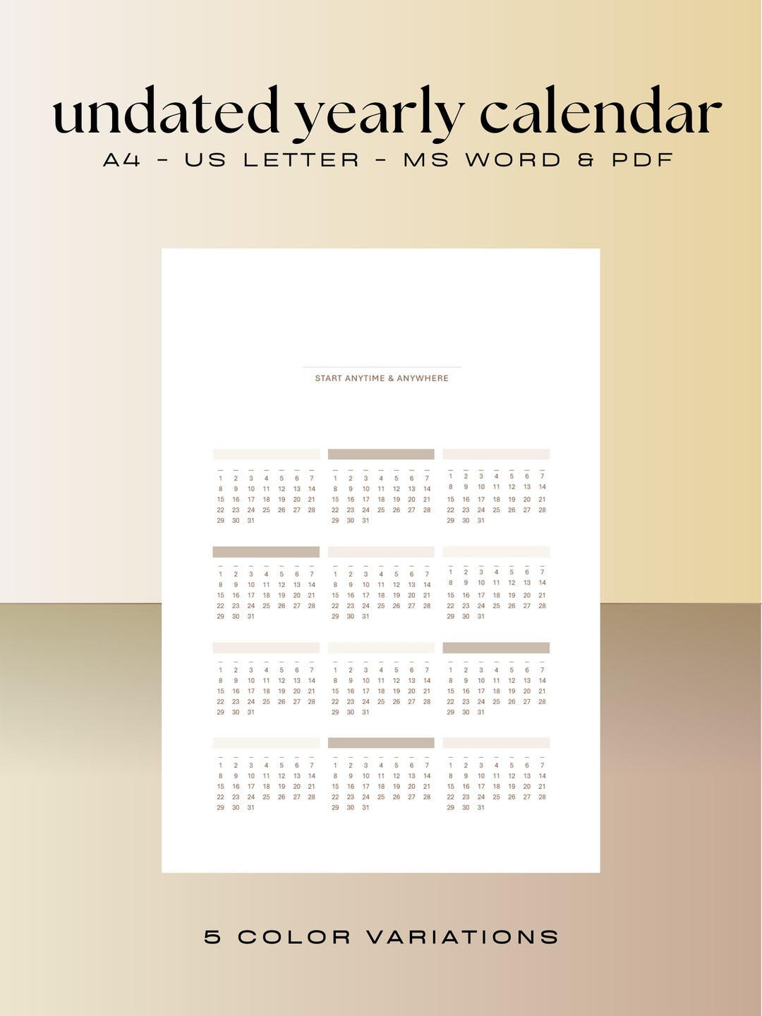 Printable Undated Yearly Calendar Template With Flexible Start Any ...