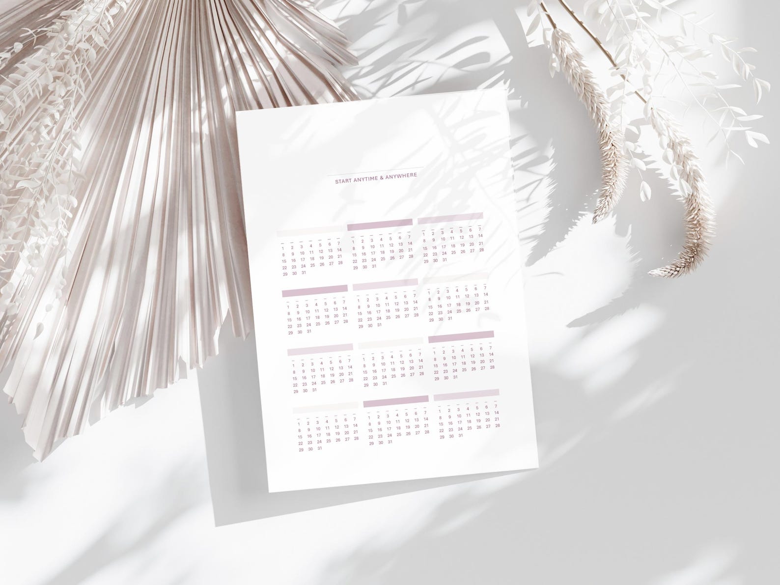 Printable Undated Yearly Calendar Template With Flexible Start Any ...