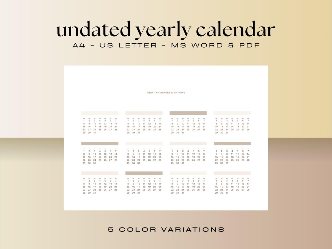 Printable Undated Yearly Calendar Template With Flexible Start Any ...