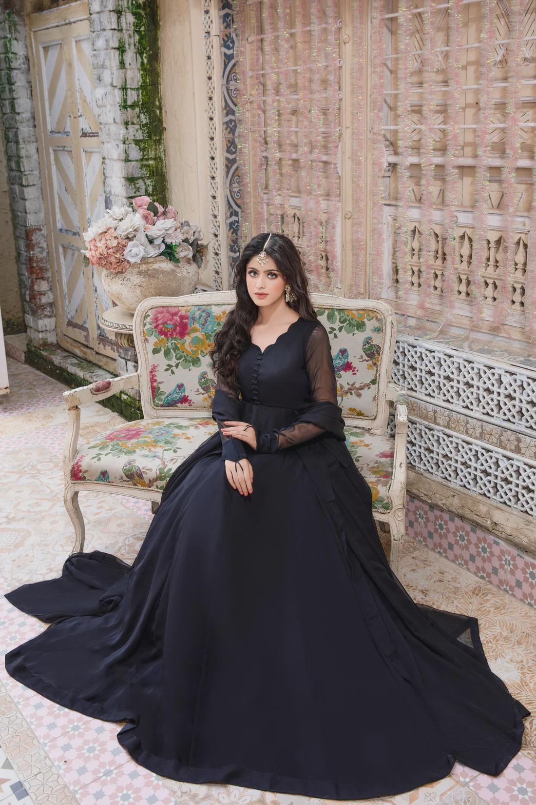 Black Embroidered Chiffon Anarkali Dress | Pakistani Maxi Gown With ...