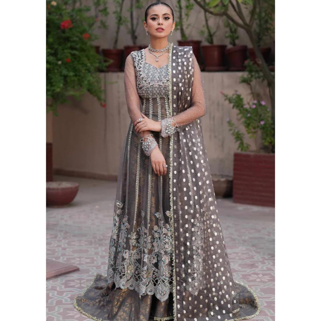 Pakistan Wedding Dress | Maxi Dress | Eastern Embroidered Gray Maxi ...