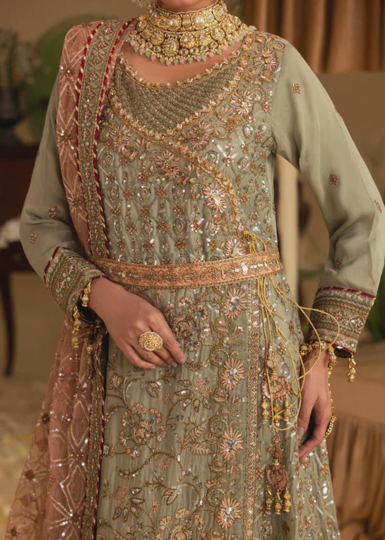 Sage Green Embellished Angrakha Gown Wedding Guest Suit With Dupatta ...