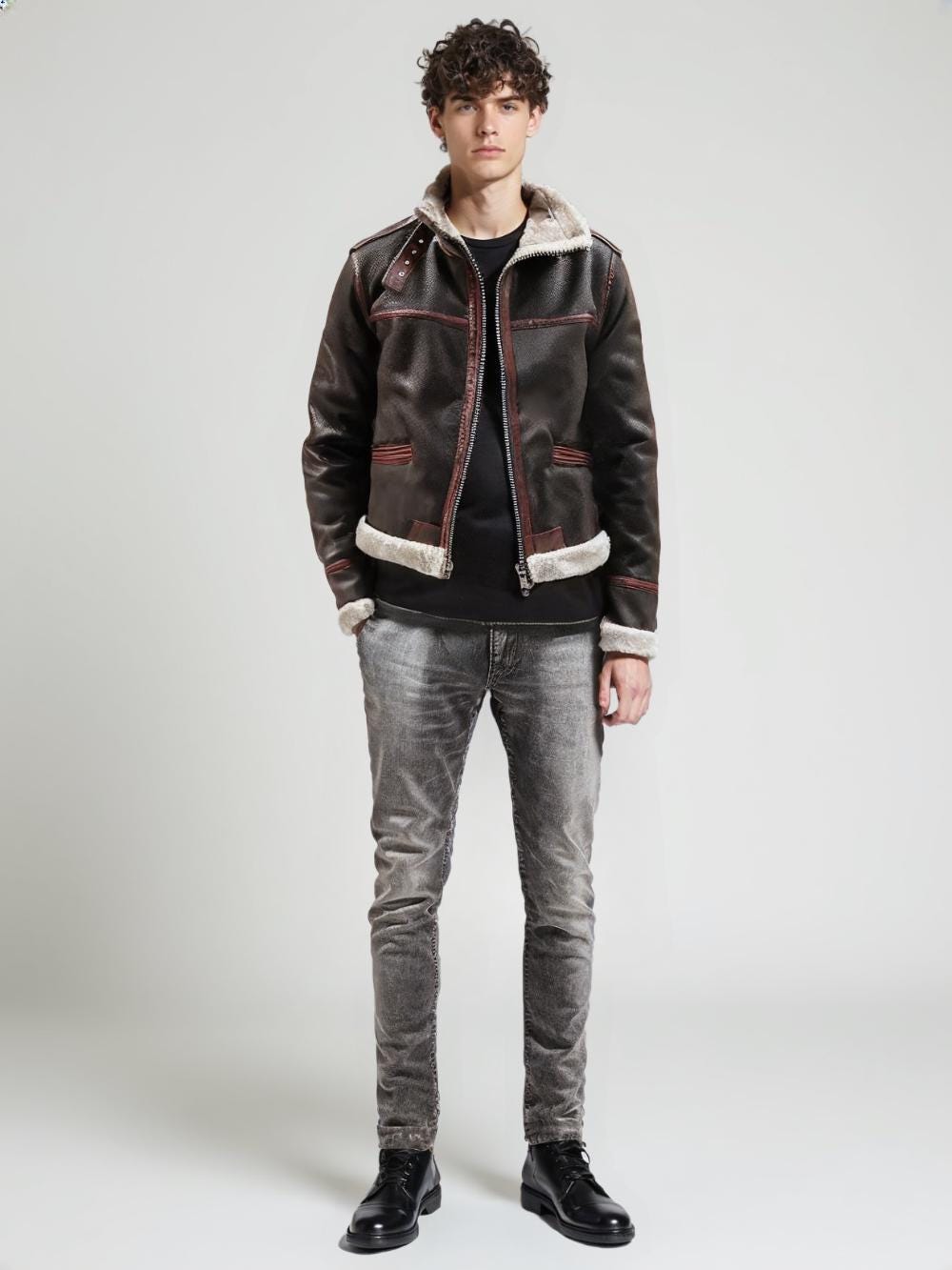 RE4 Cosplay RE4 Leon Kennedy Brown Leather Bomber Jacket - B3 Shearling ...