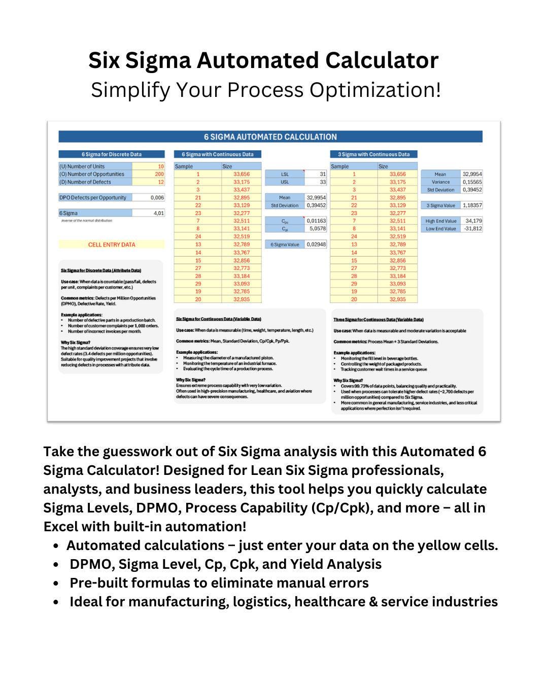 Six Sigma Toolkit – 6S Templates and Calculator / Excel or Printables ...