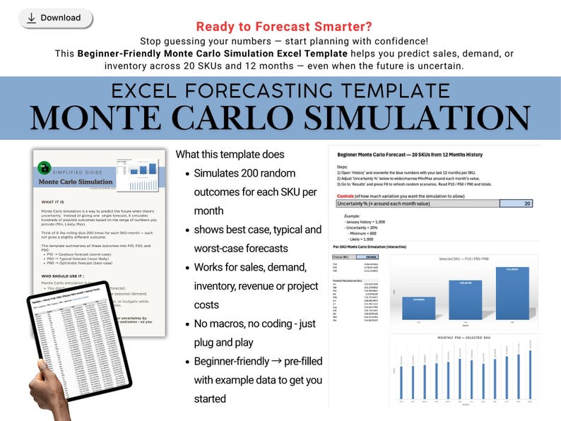 Monte Carlo Simulation Excel Template | Sales, Inventory & Demand ...