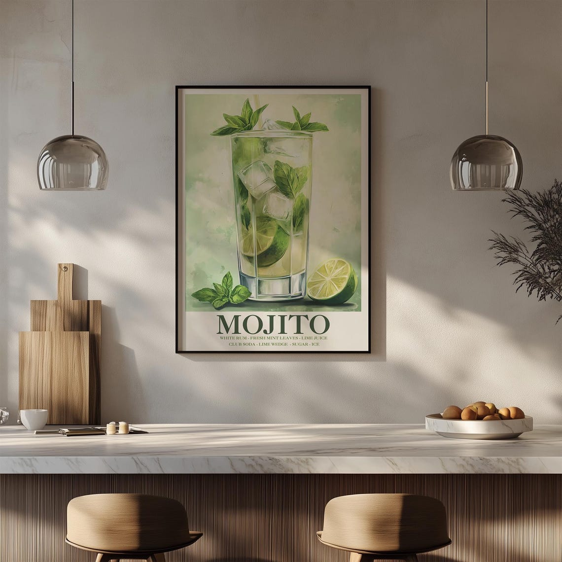 Watercolor Mojito Cocktail Print: Kitchen Bar Wall Art (digital ...