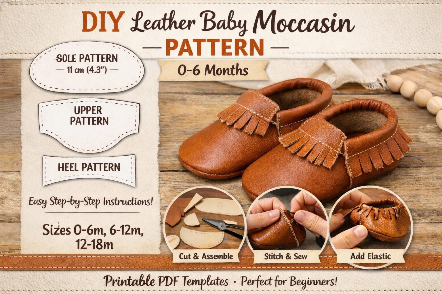 Leather Baby Moccasin Sewing Pattern | Infant Shoes Template (PDF ...