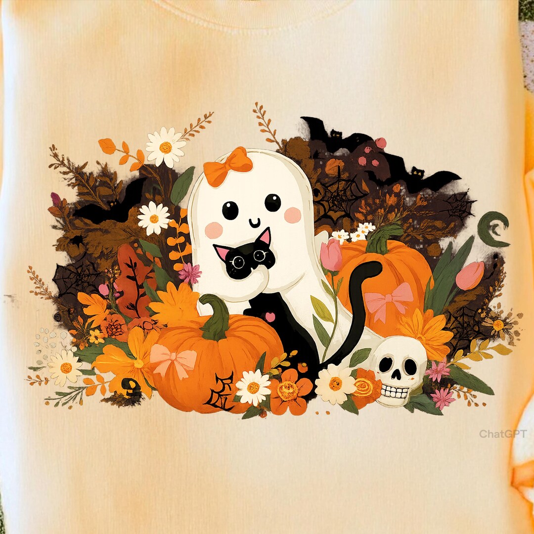 Cute Ghost With Black Cat PNG, Kawaii Halloween Clipart, Floral Pumpkin ...