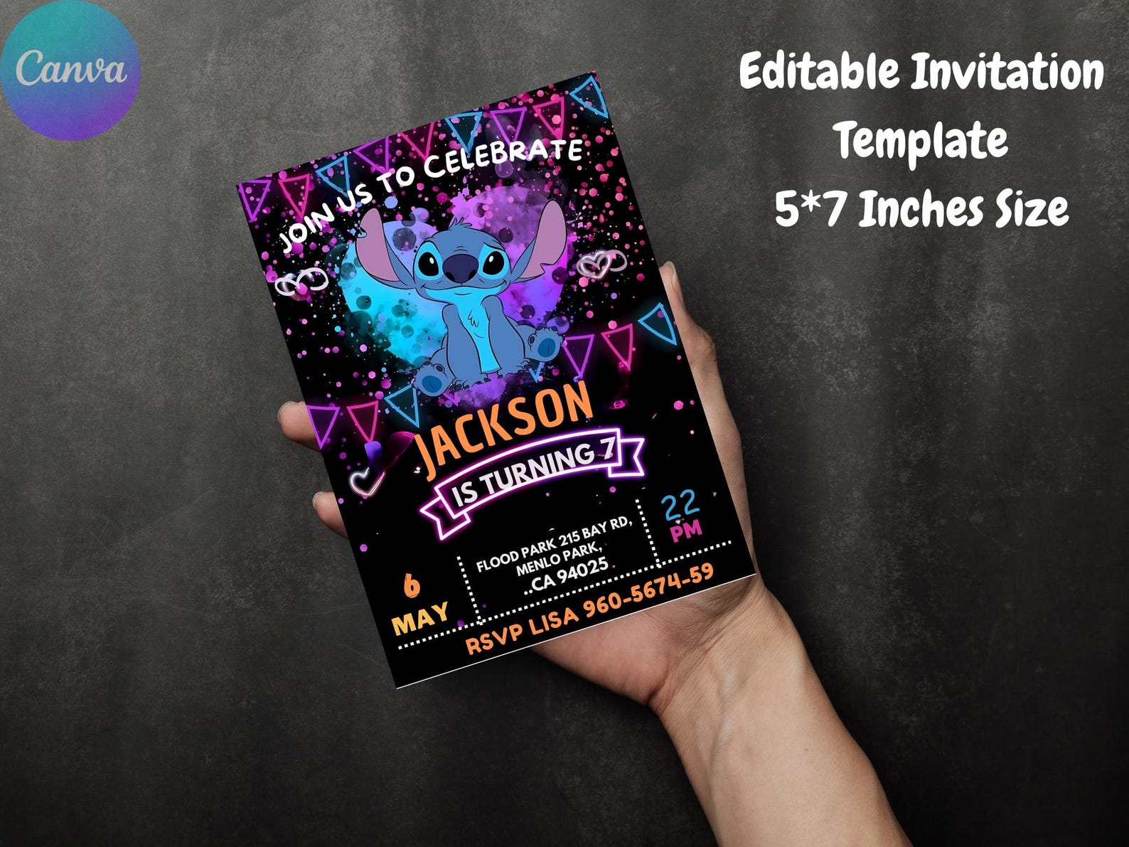 Stitch Birthday Invitation Template: Editable Canva Design (5x7 Inches ...