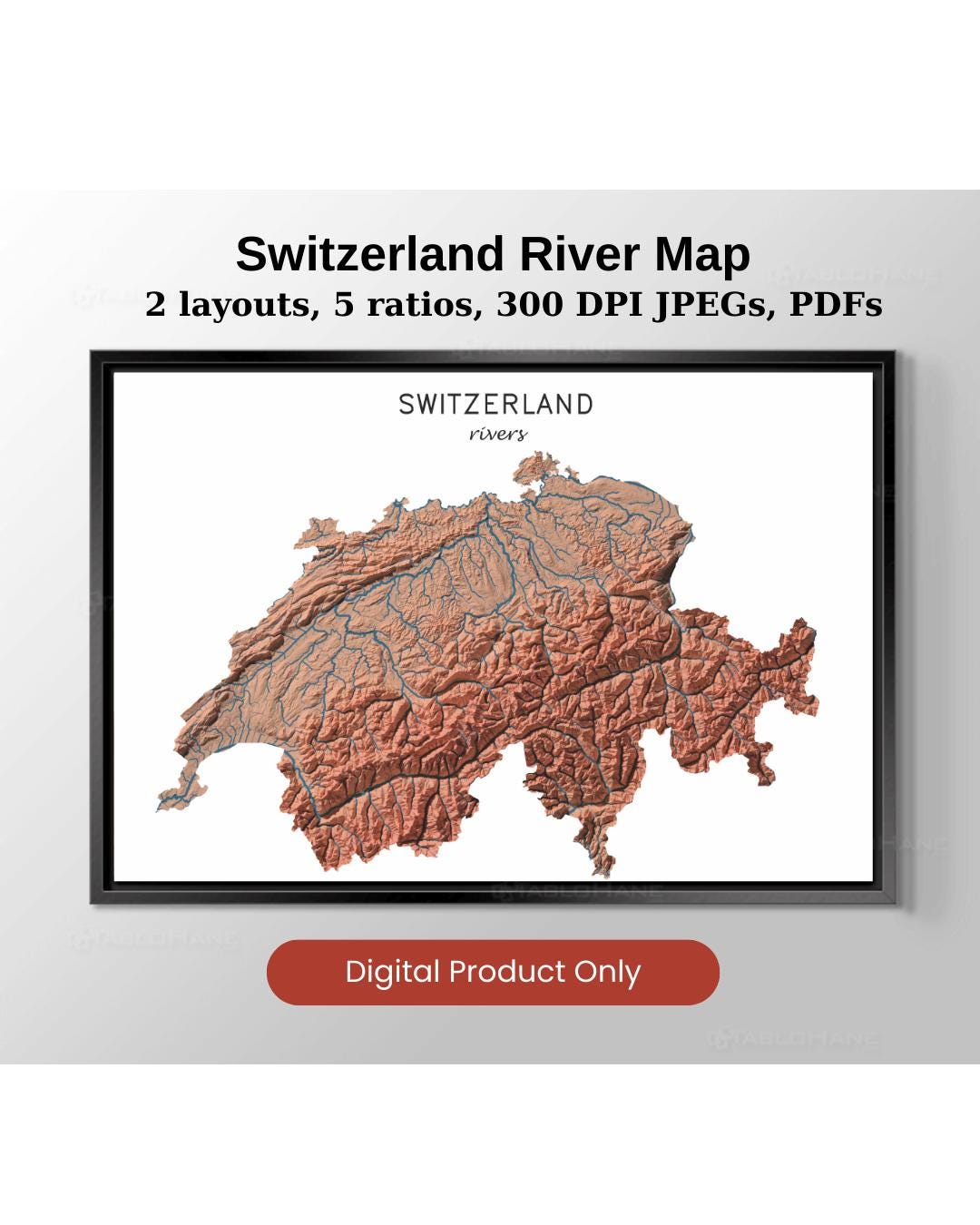 Switzerland Relief River Map - Etsy