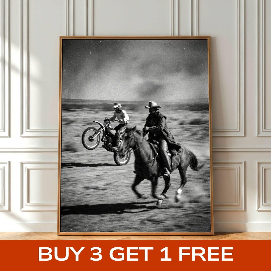 Vintage Cowboy Vs Motocross Racing Poster Wall Art, Modern Retro Black ...