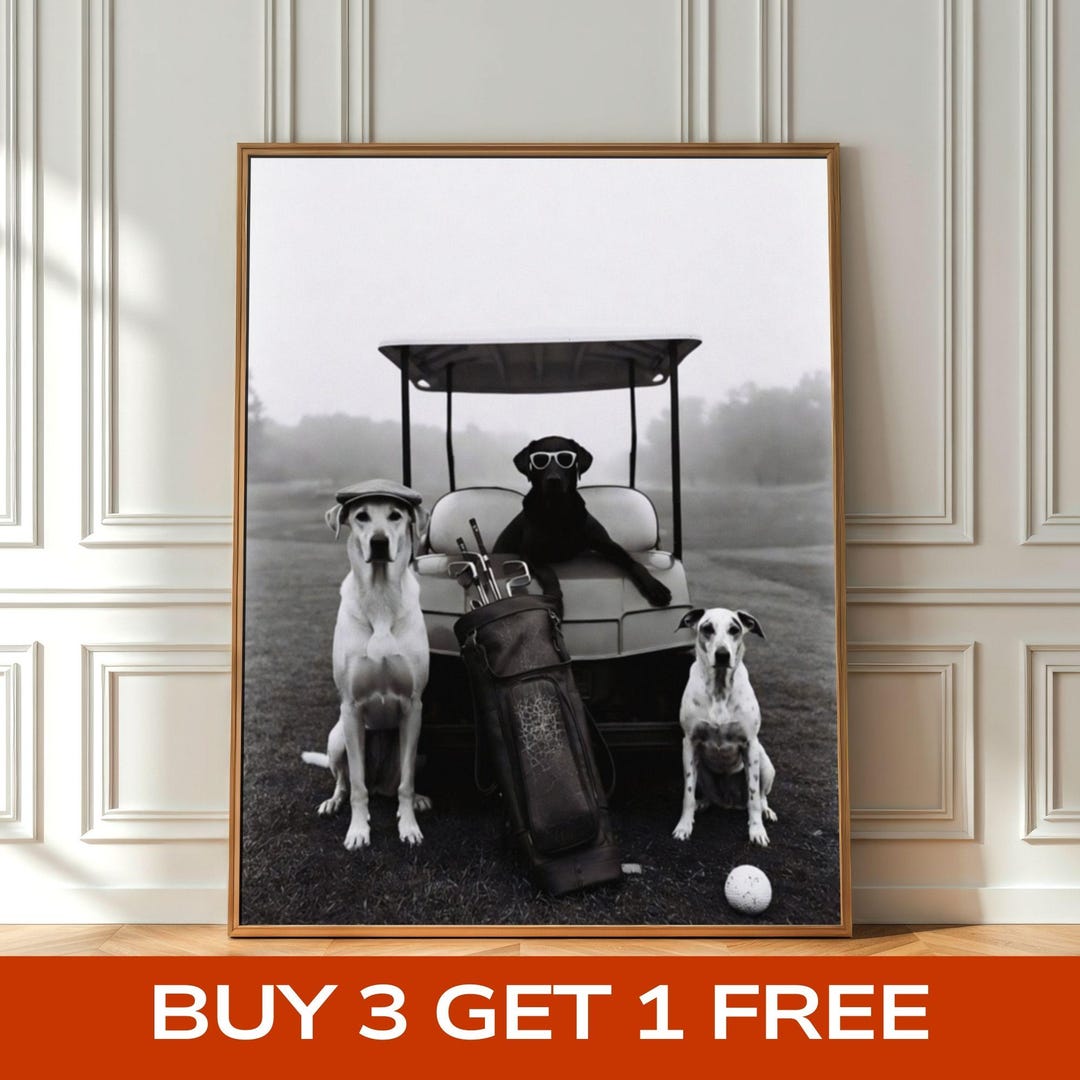 Vintage Black & White Golf Dogs Poster Wall Art, Retro Golf Cart Dog ...