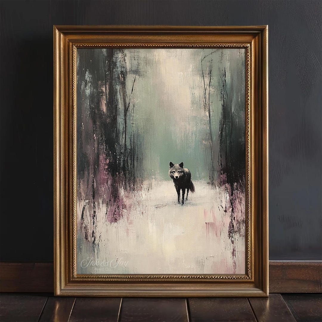 Lone Wolf Winter Printable Wall Art • Vintage Forest Painting • Moody ...