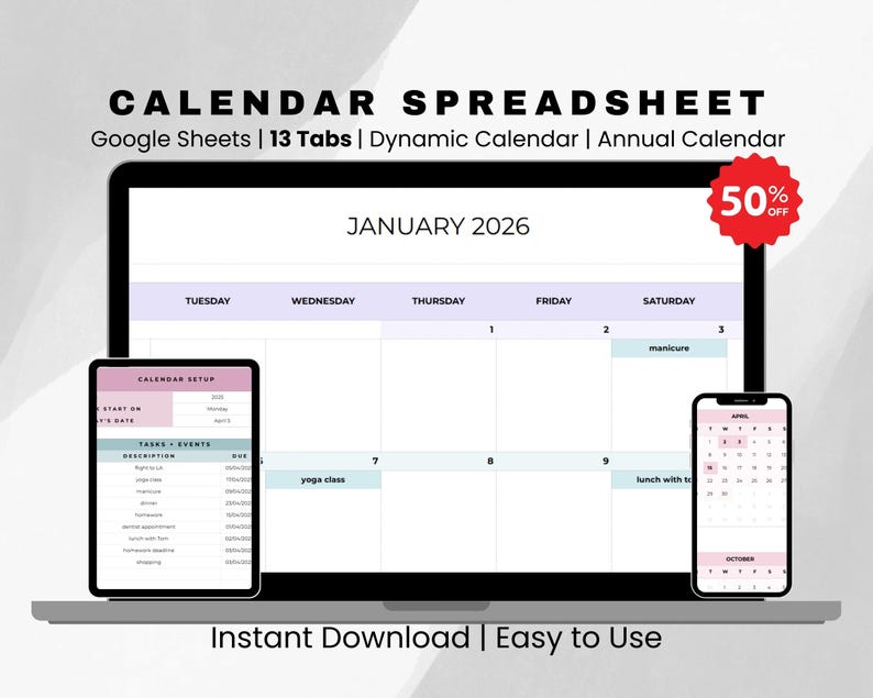 2026 Calendar Spreadsheet: Google Sheets Yearly Calendar, Monthly ...