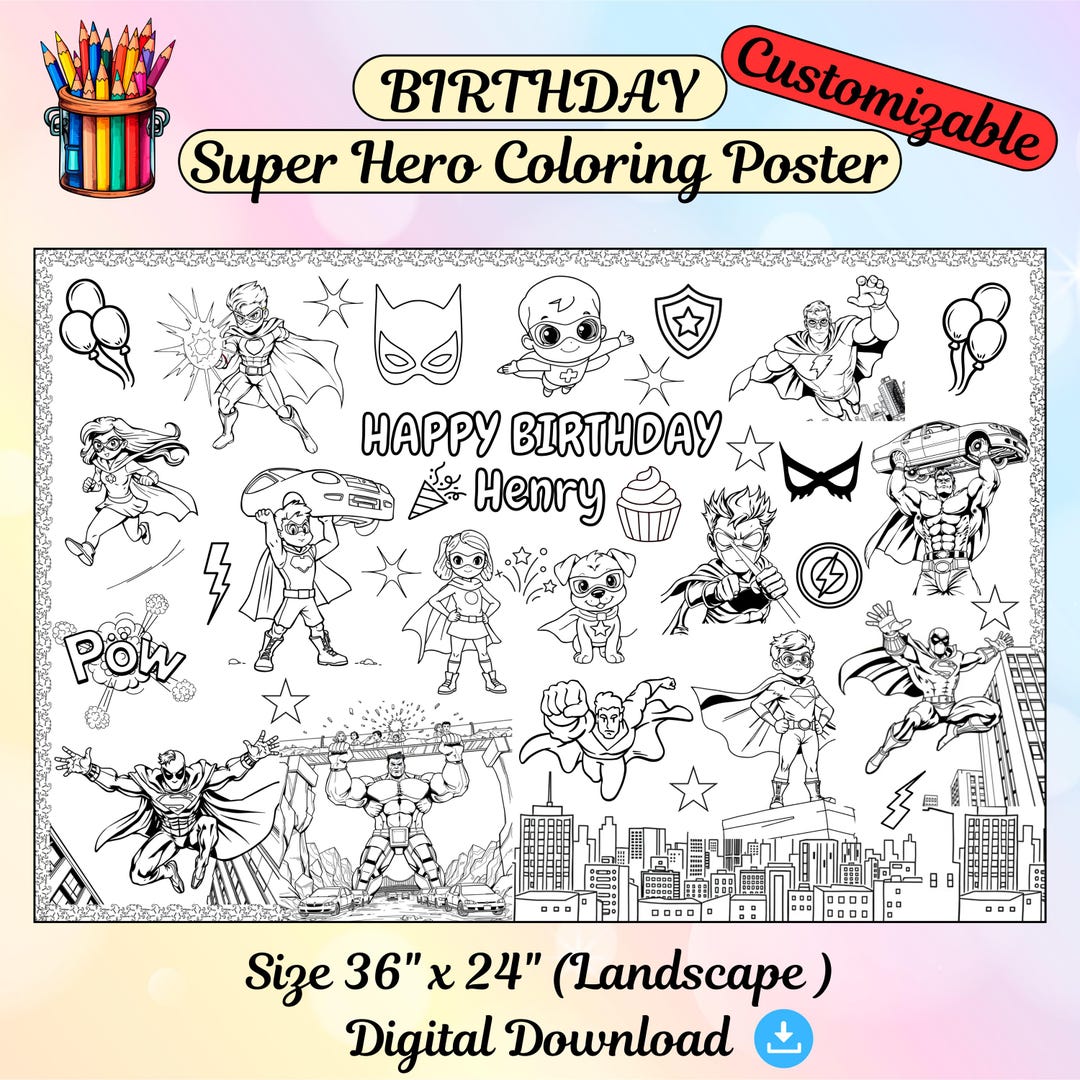 Superhero Coloring Poster | Personalized Birthday Activity Sheet ...