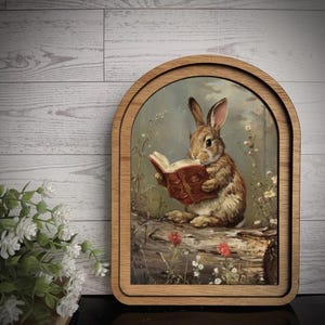Bunny Reading Arch Frame Artwork | Wood Scallop Frame Easter Spring ...