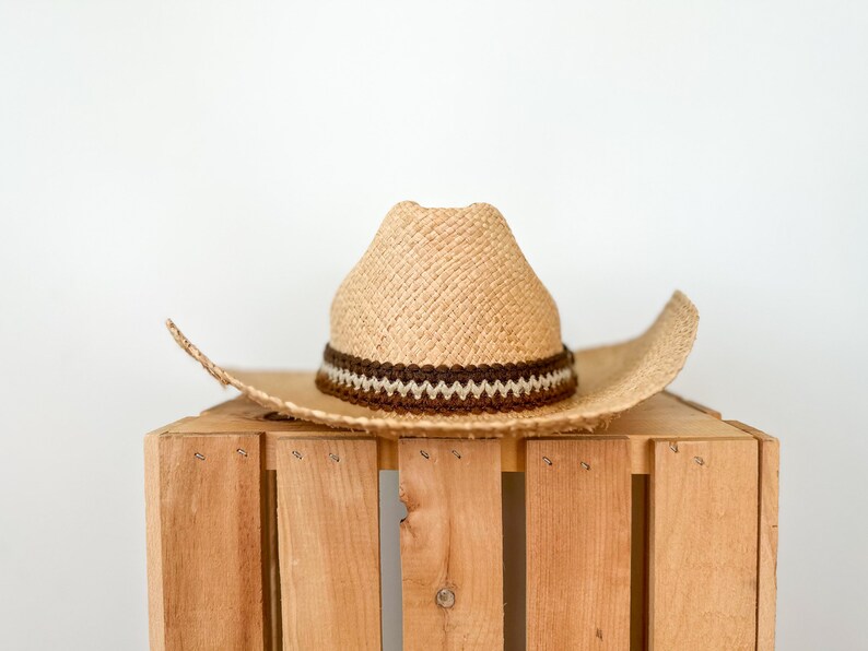 Vintage 60s-70s Woven Straw Cowboy Hat With Crochet Band by Madcaps ...