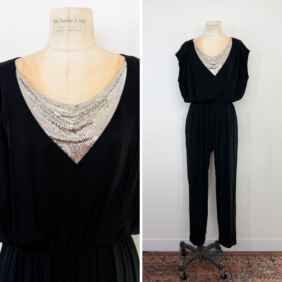 Vintage 70s-80s Size M-L Mesh Chainmail Collar Silky Disco Jumpsuit ...