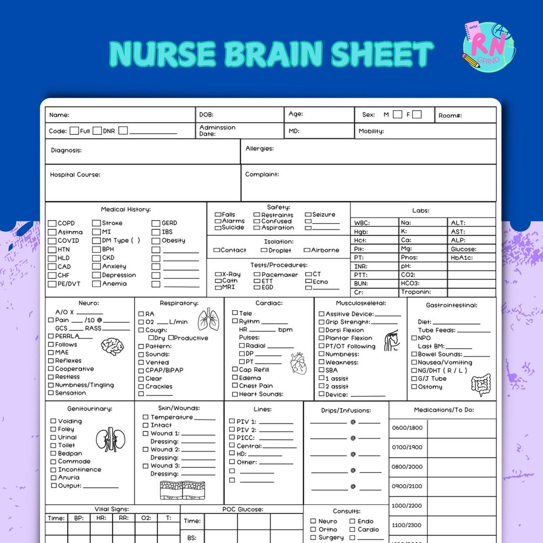 ICU Nurse Report Sheet, Med Surg Nursing Report Sheet, Nurse Brain New ...