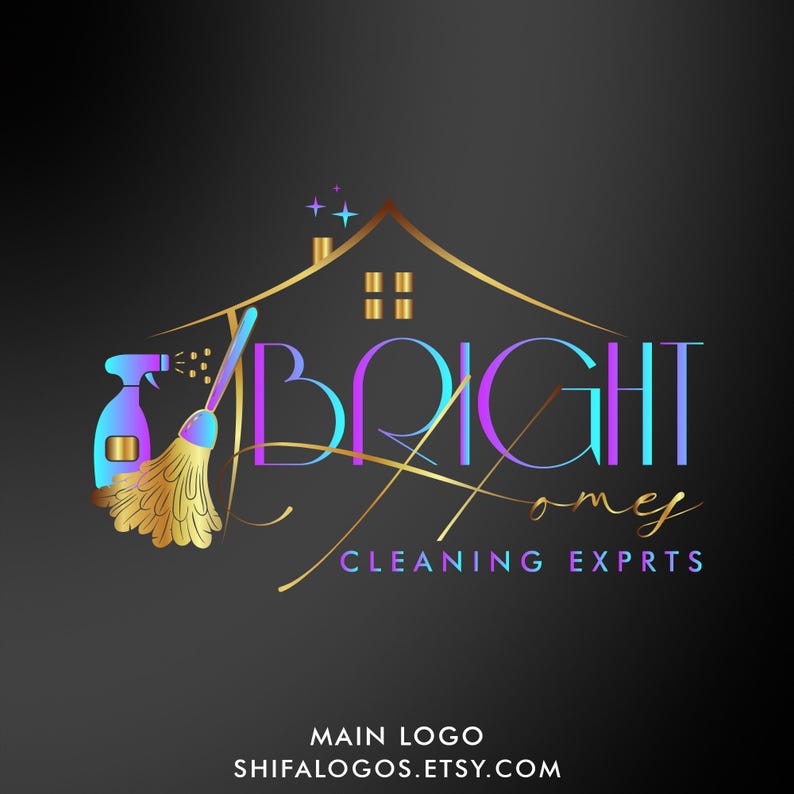 Premade Pink Blue Cleaning Service Logo Design, Maid Logo, Broom Bucket ...