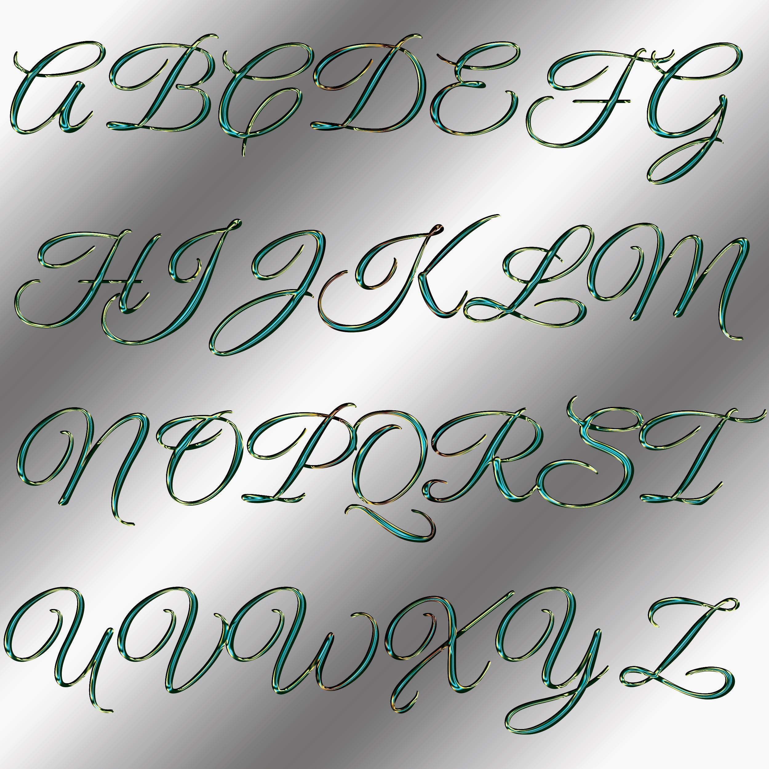 Teal Blue Gold Cursive Alphabets PNG, Shiny Script Metallic Letters ...