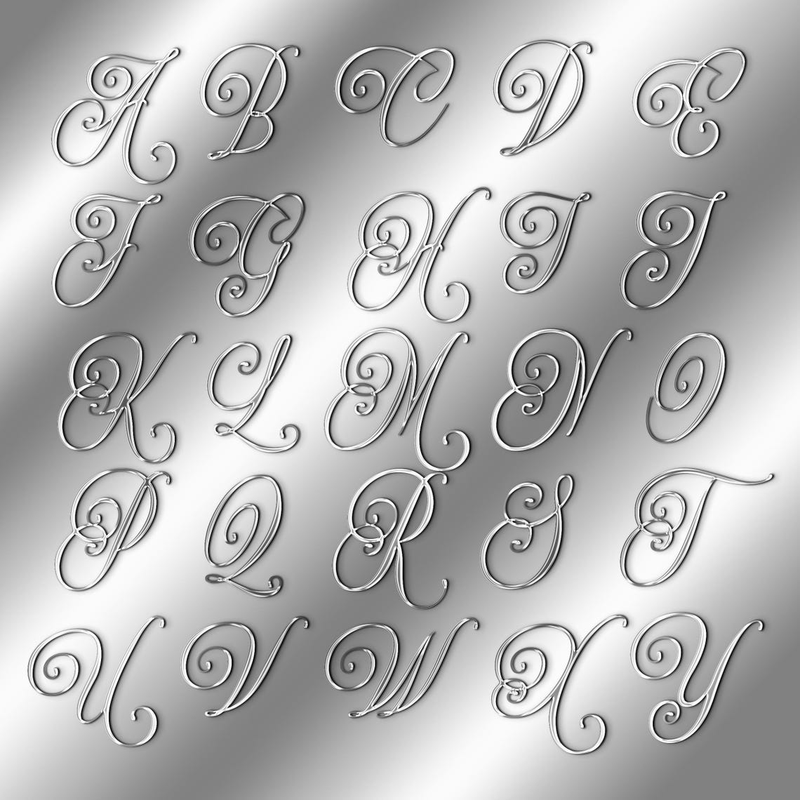 Luxury Silver Chrome Letters Clipart, Metallic Silver Cursive Alphabets ...