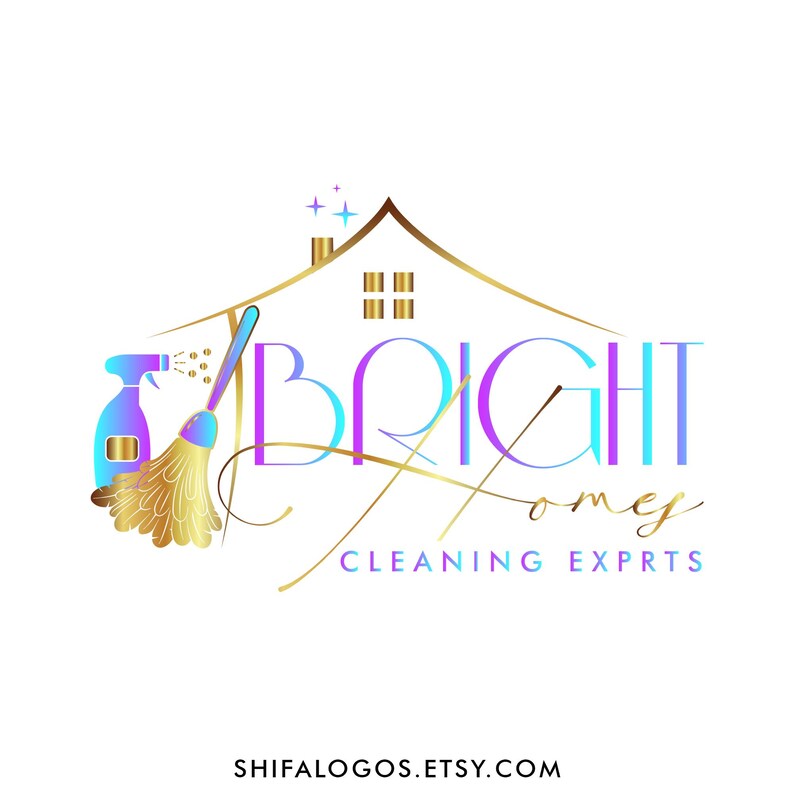 Premade Pink Blue Cleaning Service Logo Design, Maid Logo, Broom Bucket ...