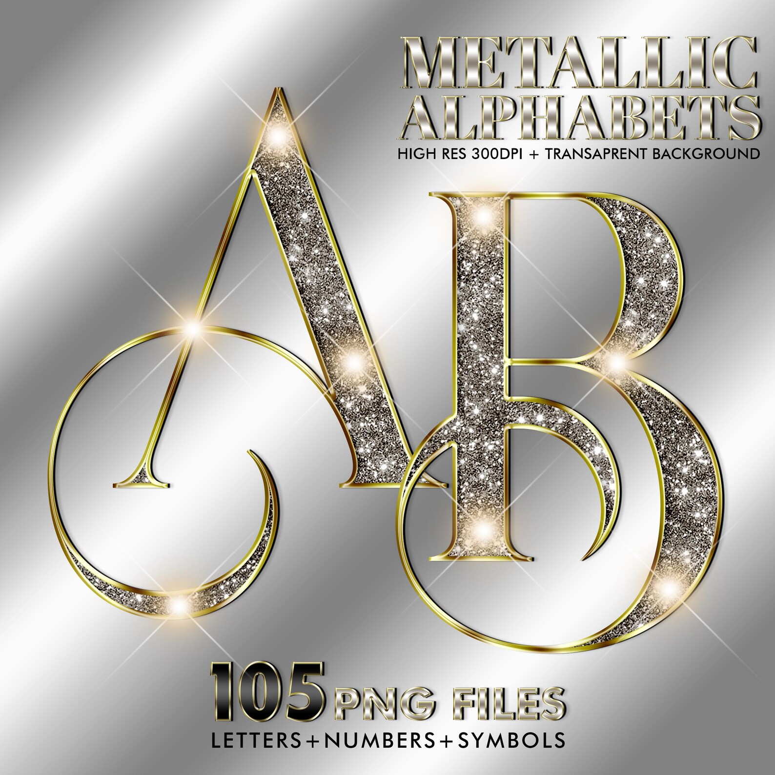 Silver Gold Glitter Alphabets PNG, Chrome Gold Letters Clipart ...