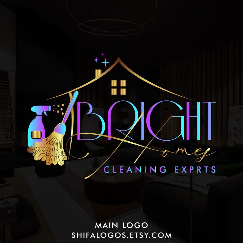 Premade Pink Blue Cleaning Service Logo Design, Maid Logo, Broom Bucket ...