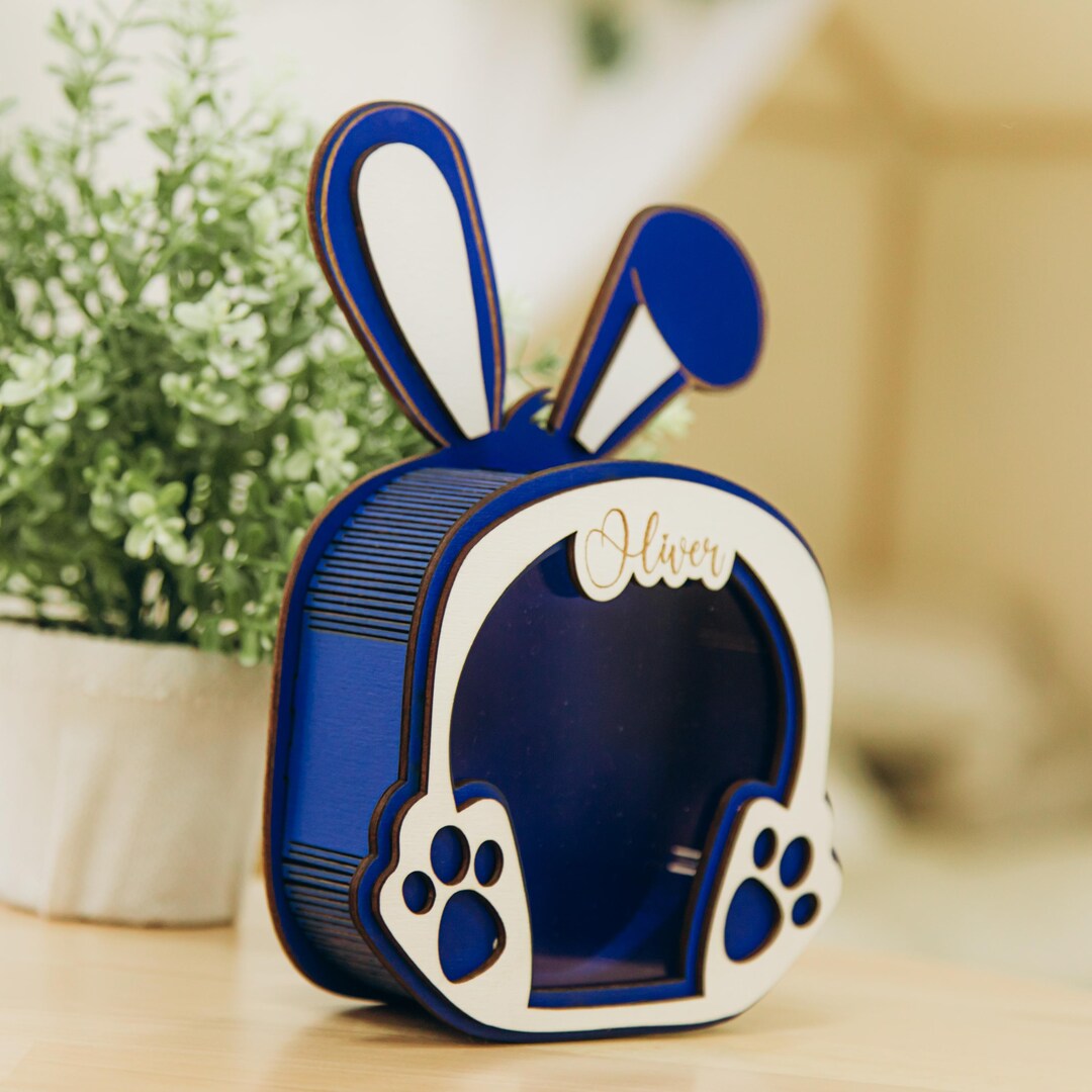 Personalized Wooden Blue Kid Piggy Bank Bunny With a Bow Montessori ...