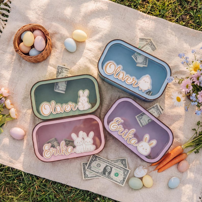 Personalized Easter Kids Gift Piggy Bank, Bunny & Chick Wooden Coin Box ...