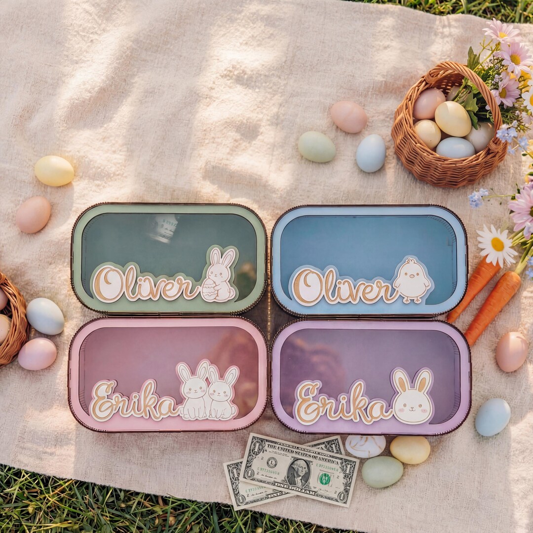 Personalized Easter Kids Gift Piggy Bank, Bunny & Chick Wooden Coin Box ...