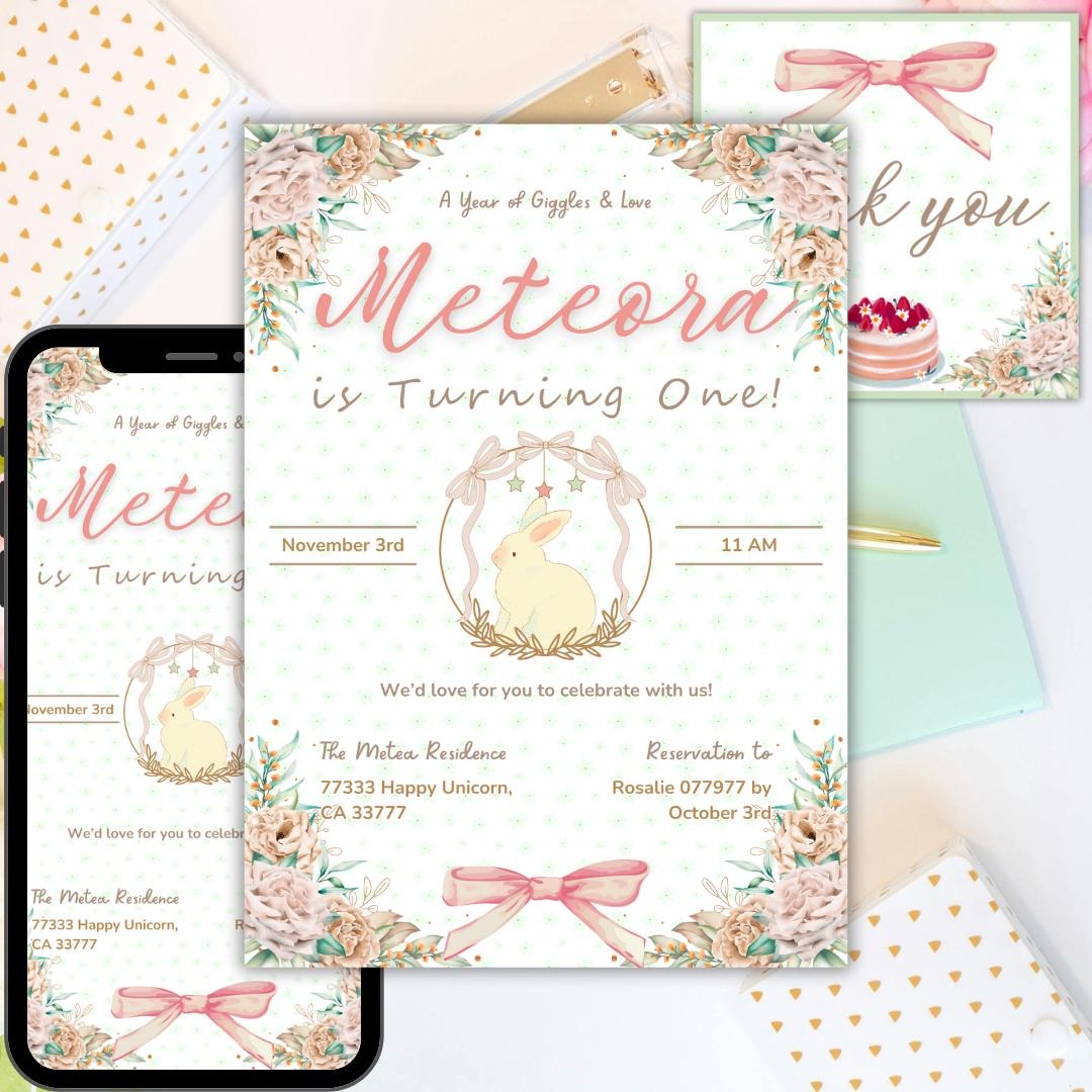 Editable Bunny Birthday Invitation Template | Floral Party Invite ...