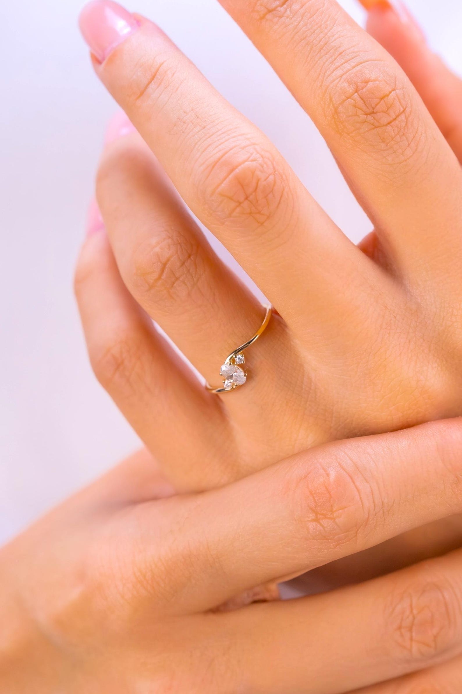 Three Stone Diamond Cut Ring: Dainty Trio Gold Ring, Unique Design ...