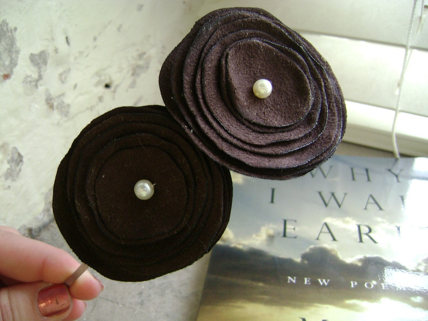 Georgia-brown Suede Flower With Pearl Center Flower Headband - Etsy