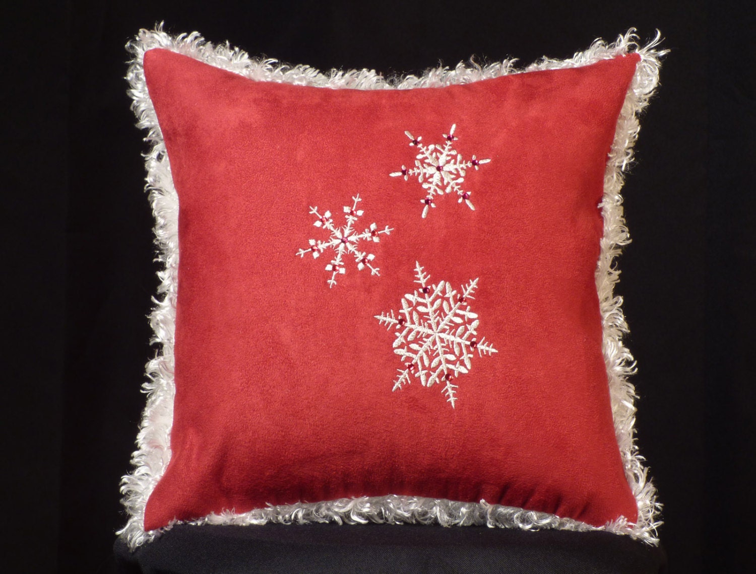 New Embroidered Red White Fluffy Snowflake Accent Pillow New 12 X 12 ...