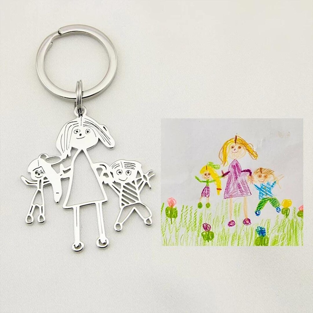 Custom Kids Drawing Keychain, Personalized Artwork Keyring, Memorial ...