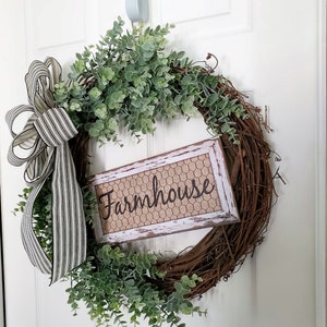 Farmhouse Wreath, Farmhouse Eucalyptus Wreath, Grapevine Farmhouse ...
