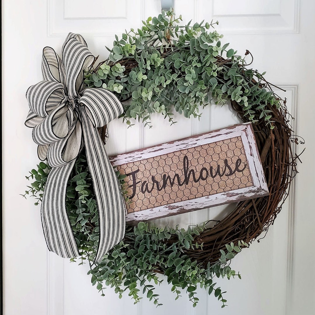 Farmhouse Wreath, Farmhouse Eucalyptus Wreath, Grapevine Farmhouse ...