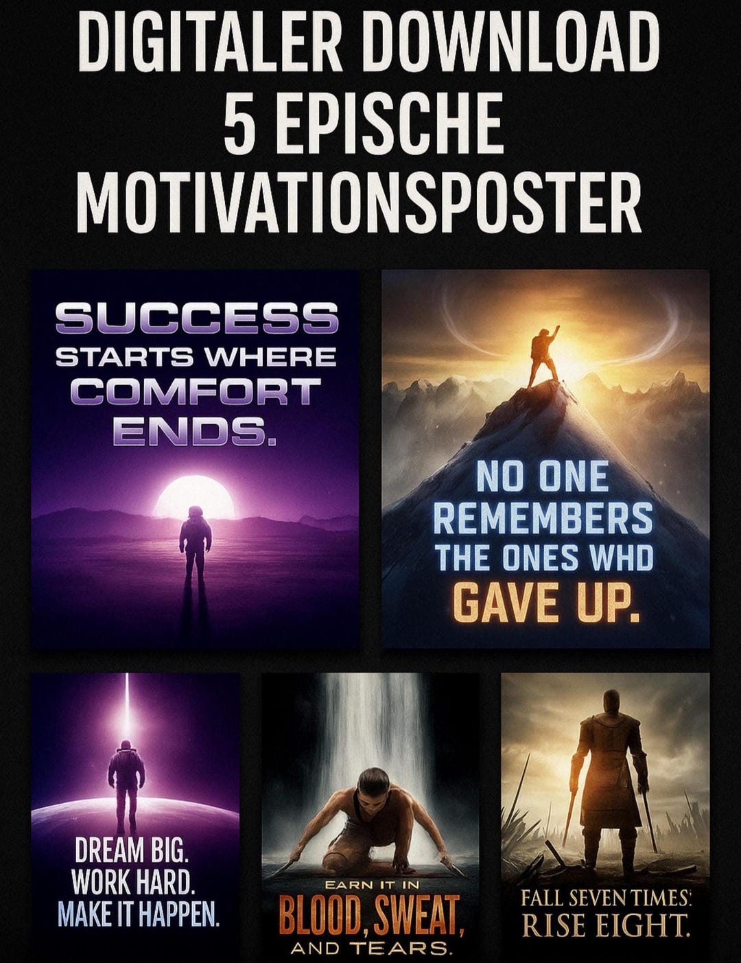 Digital Download Motivational Poster Set – 5 Epic Designs for ...