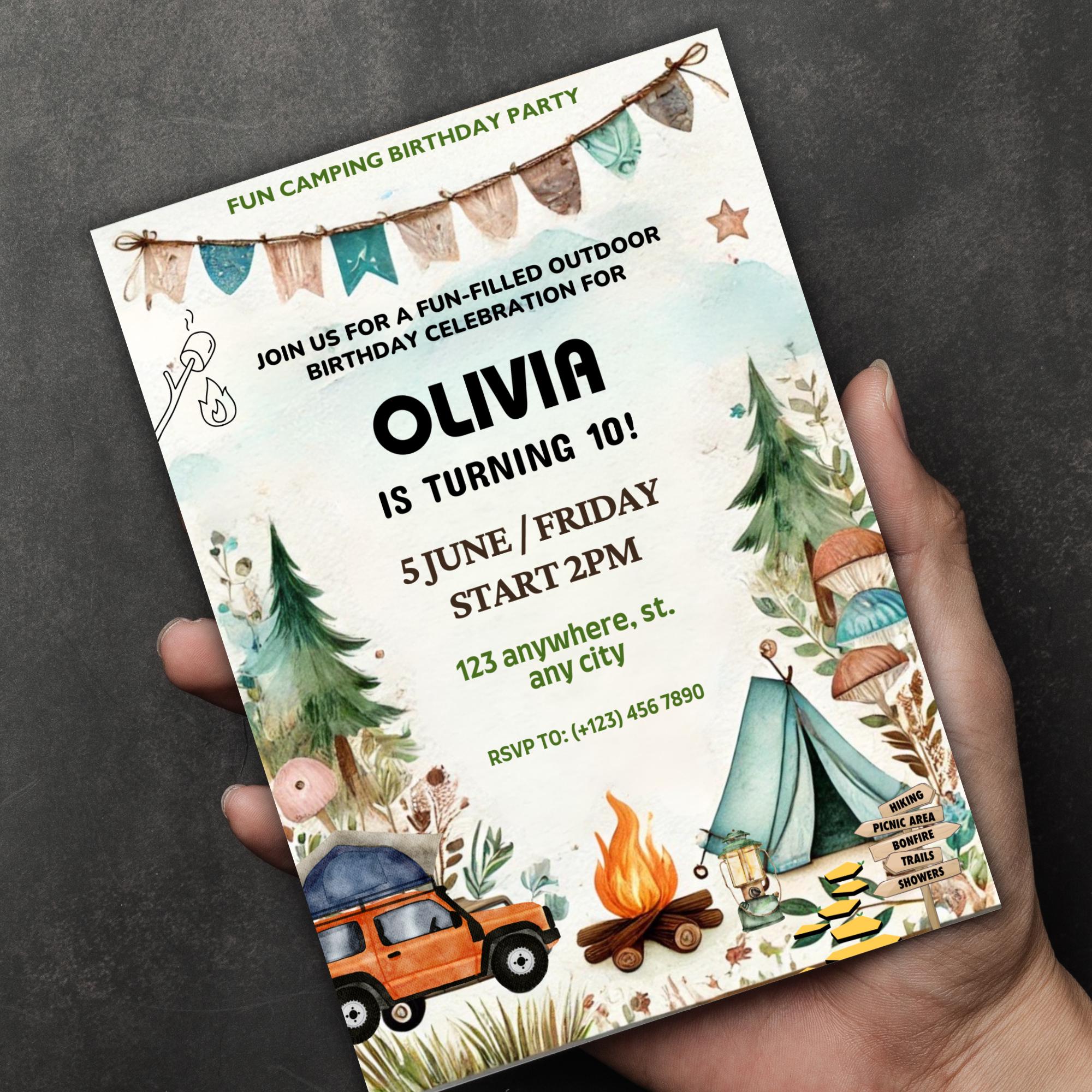 Kids Camping Birthday Invitation: Adventure Forest Theme (canva ...