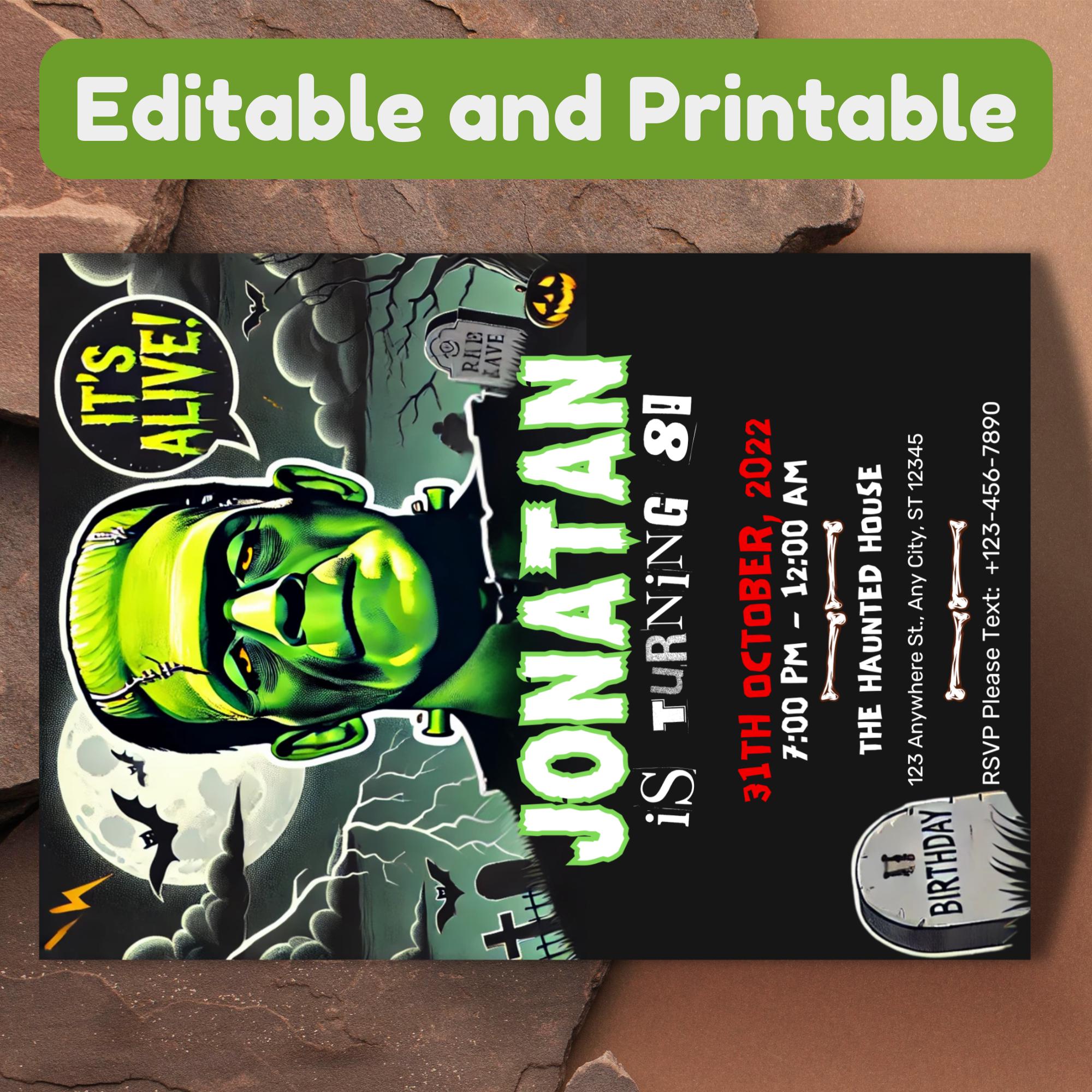 Frankenstein Birthday Invitation: Spooky Party, Editable Canva Template ...