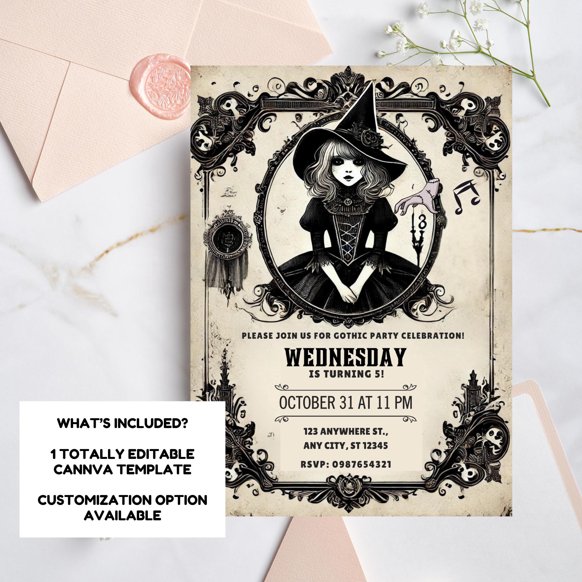 Editable Wednesday Gothic Girl Birthday Invitation Template, Printable ...