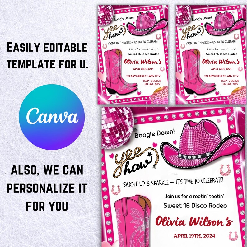 Pink Cowgirl Disco Sweet 16 Invitation: Editable Rodeo Party (digital ...