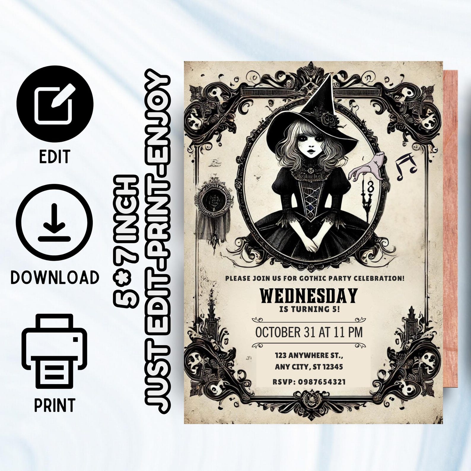 Editable Wednesday Gothic Girl Birthday Invitation Template, Printable ...
