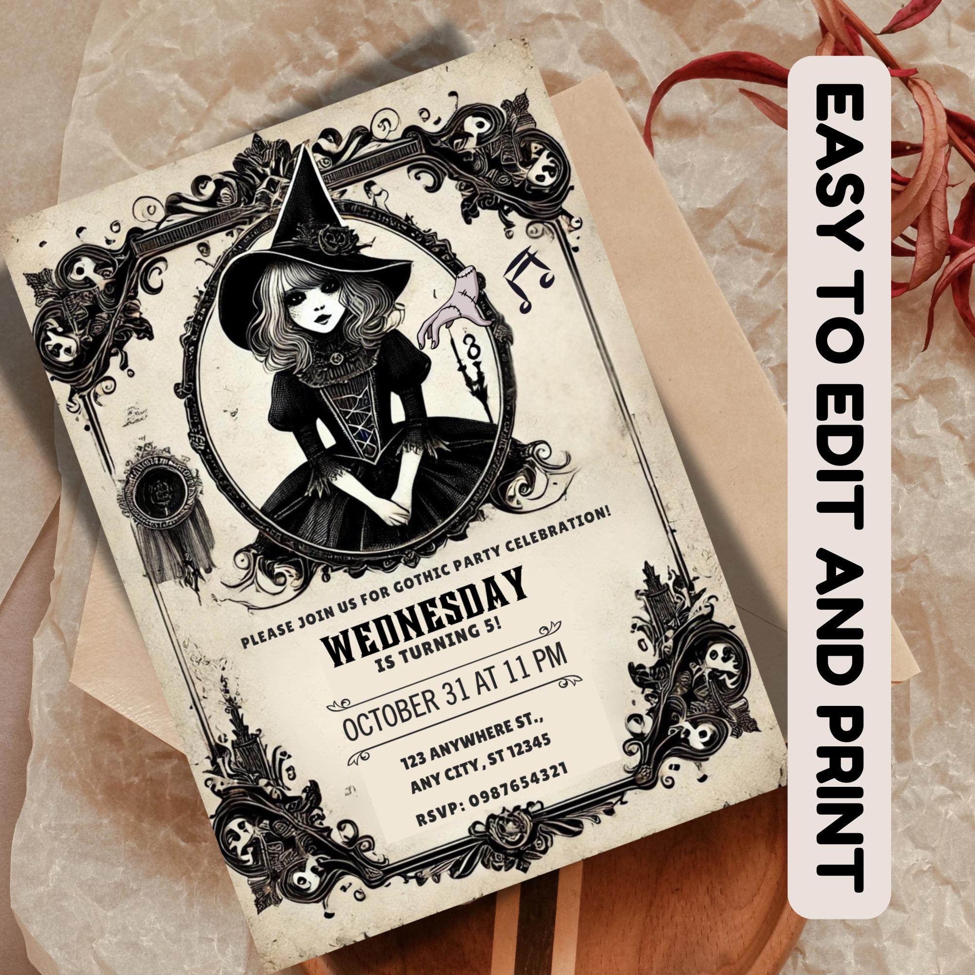 Editable Wednesday Gothic Girl Birthday Invitation Template, Printable ...